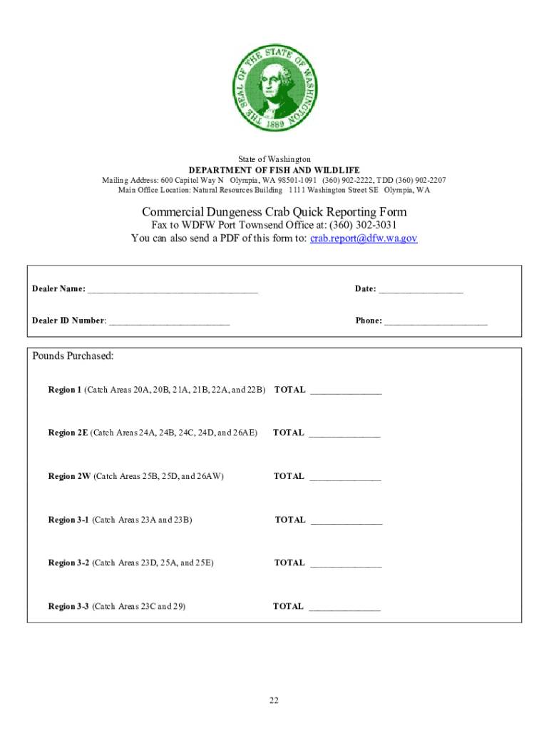 Fillable Online wdfw wa Commercial Dungeness Crab Quick Reporting Form Fax Email Print - pdfFiller