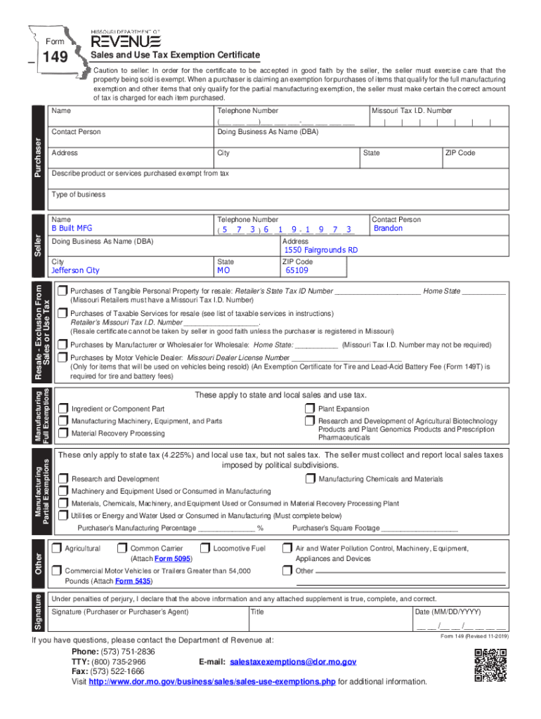 Fillable Online PDF Form 149 - Sales and Use Tax Exemption Certificate ...