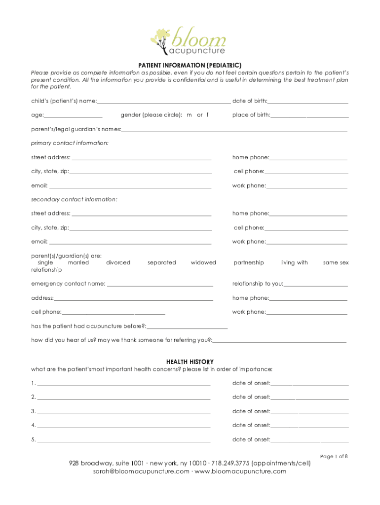 Fillable Online bloom acu - initial patient information form pediatric ...