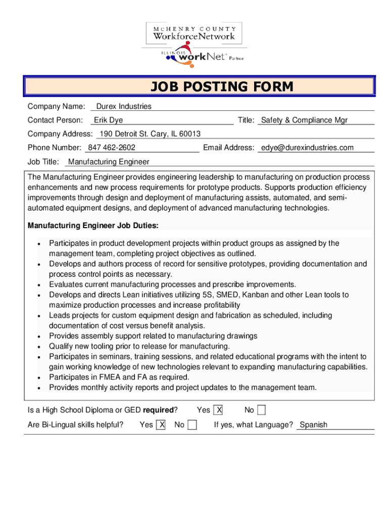 Fillable Online JOB POSTING FORM - McHenry County Fax Email Print - pdfFiller