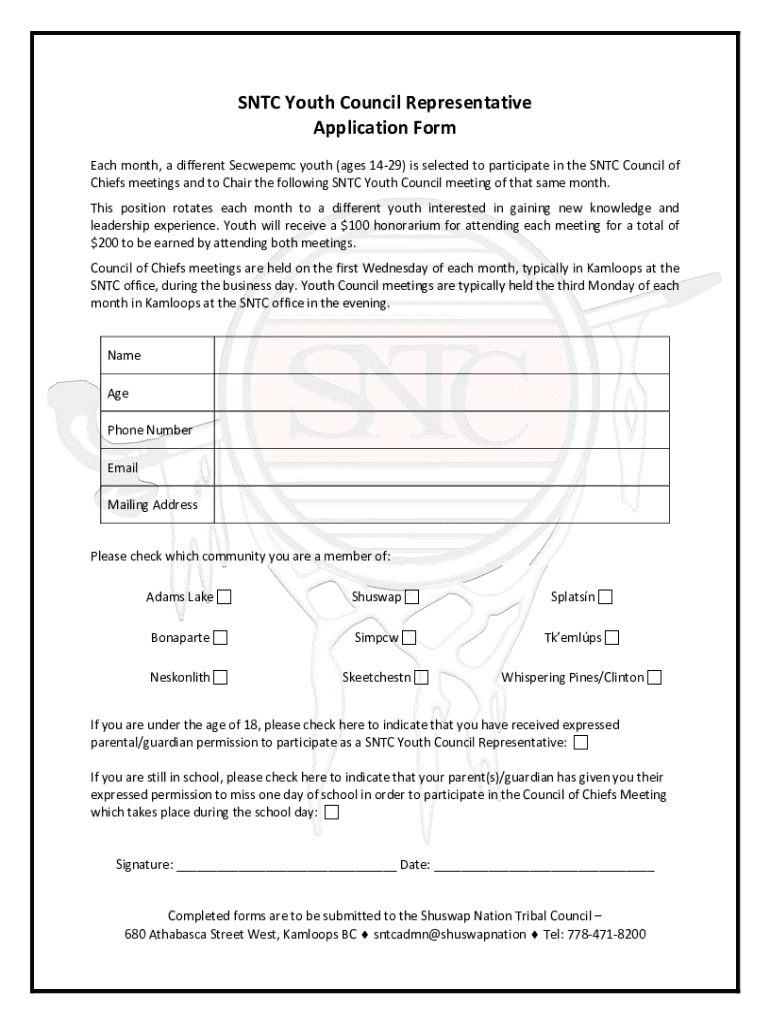 Fillable Online SNTC Youth Council Representative Application Form Fax ...