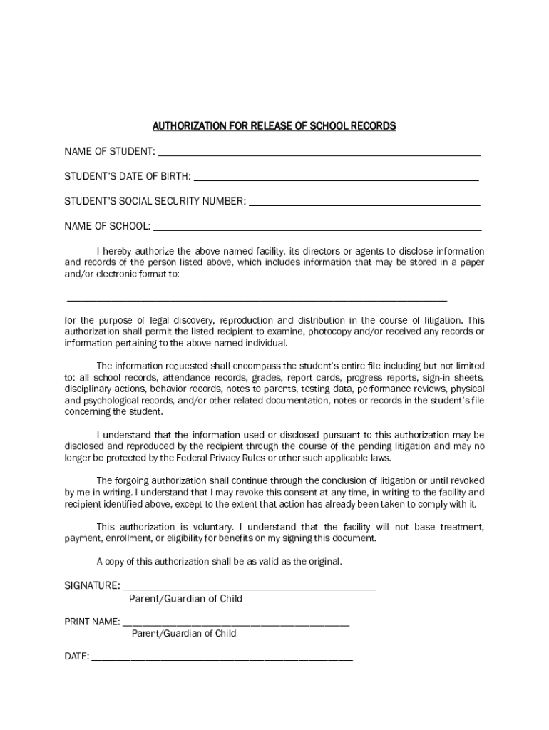 Fillable Online Sample Authorization to Release School Records Letter ...