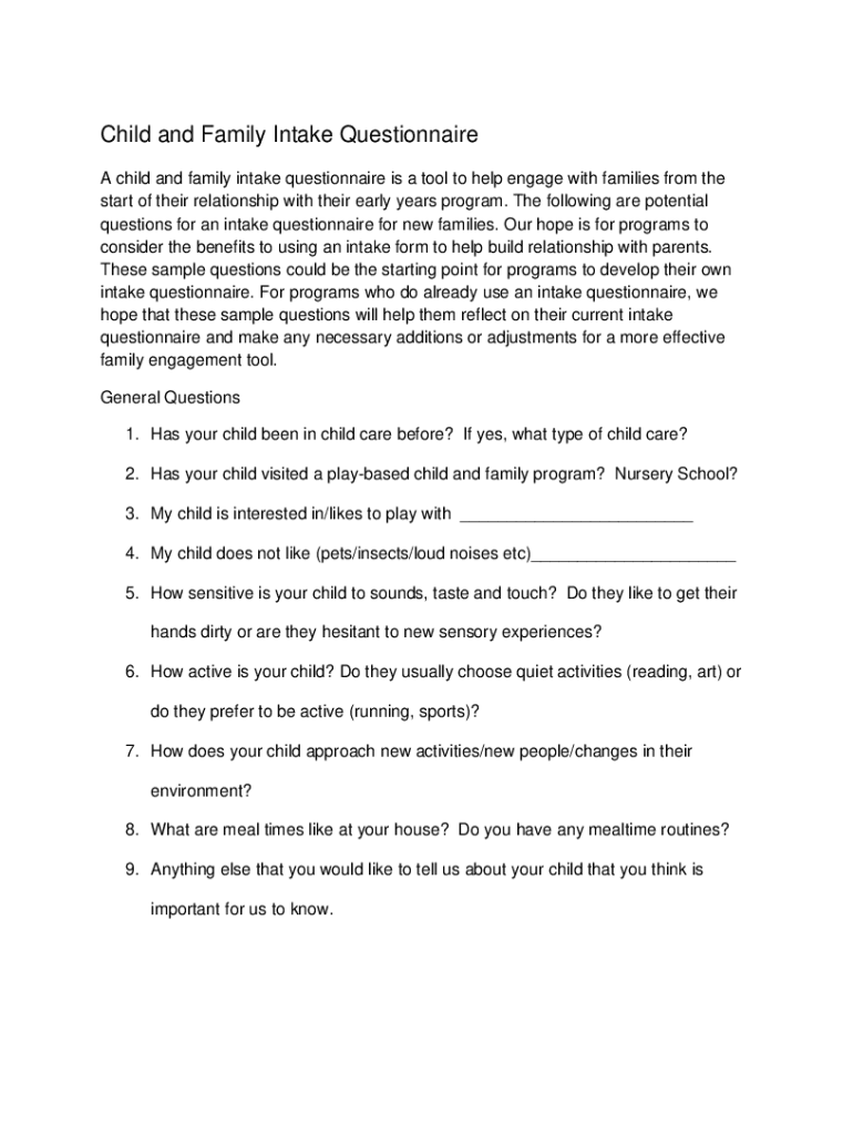 Fillable Online Intake Questionnaire For New Patients (Children ...