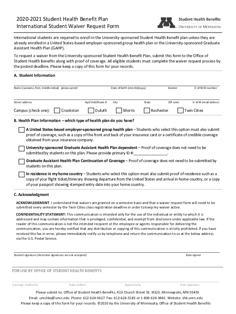 Fillable Online shb umn 2020-2021 SHBP International Student Waiver Request form Fax Email Print ...