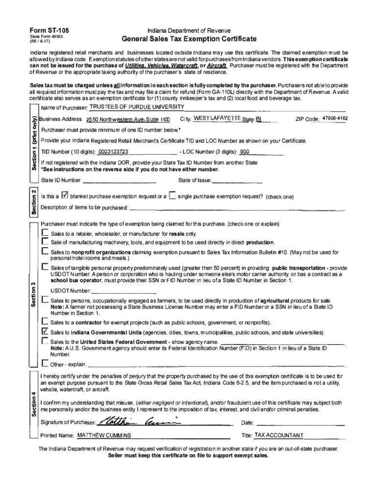 Fillable Online Form ST-105 Indiana Department of Revenue State Form ...
