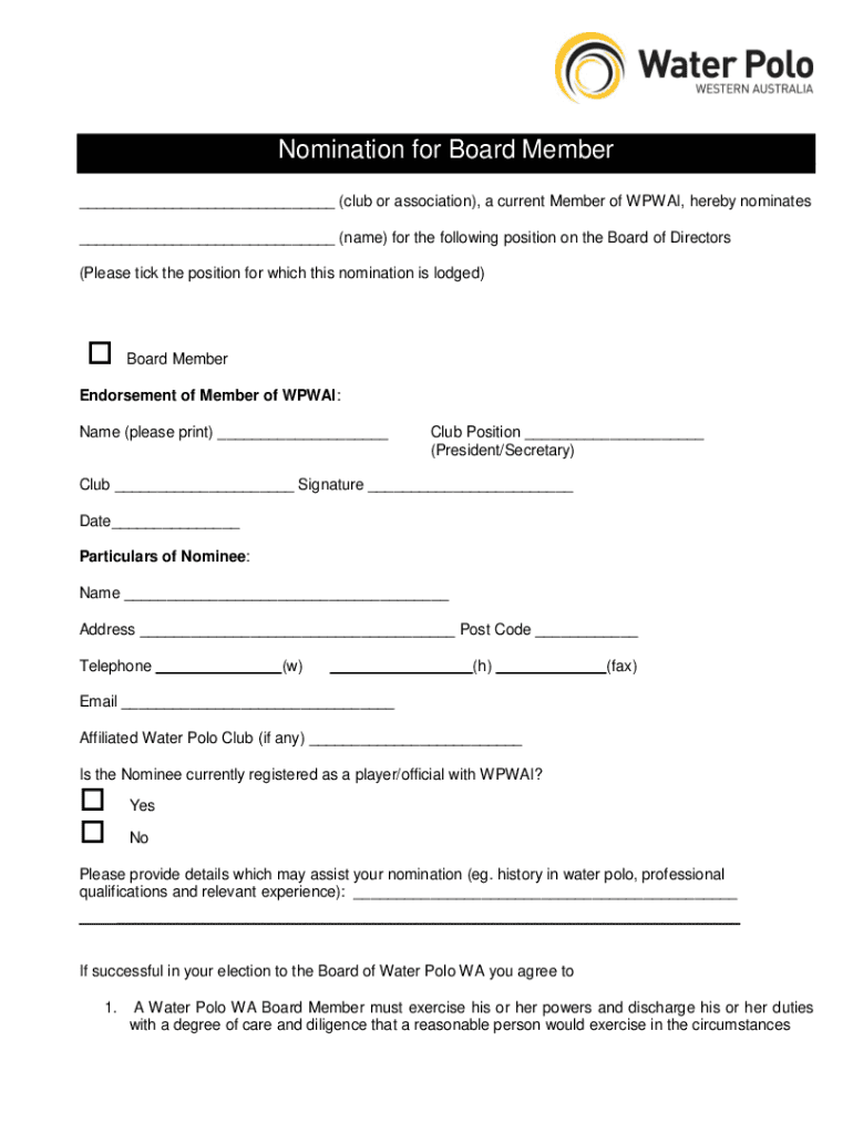 Fillable Online waterpolowa asn Board Nomination Process for Board ...