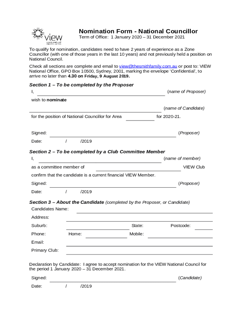 Nomination - National Councillor Doc Template | pdfFiller