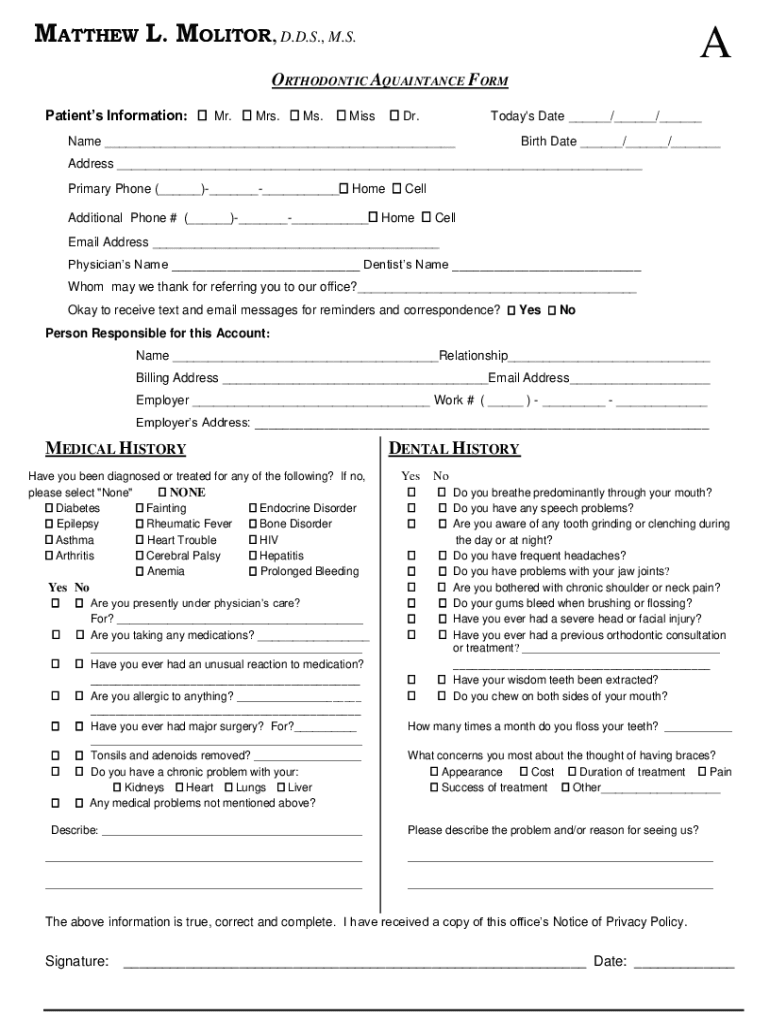 Fillable Online New Patient Acquaintance Form - Prosper Family ...