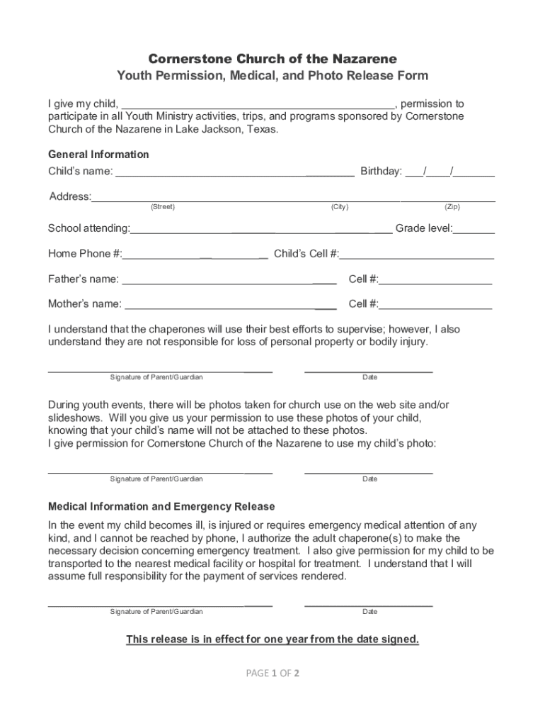 Fillable Online 2017 Cornerstone Church Medical Release & Permission ...