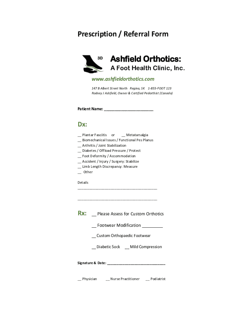 Fillable Online Ashfield Orthotics: A Division of The Ashfield Group of ...
