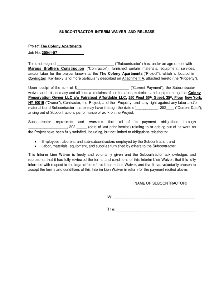 Fillable Online SUBCONTRACTOR INTERIM WAIVER AND RELEASE Fax Email ...