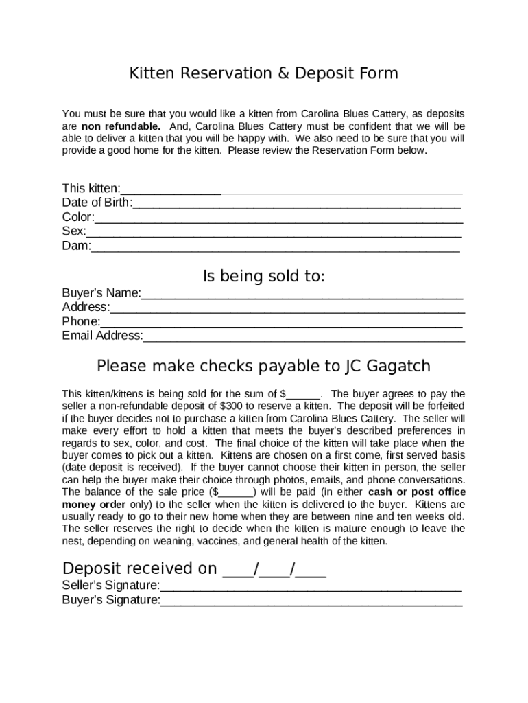 Carolina Blues Cattery Kitten Reservation Doc Template | pdfFiller