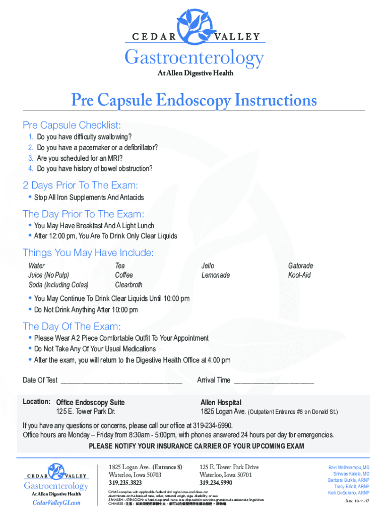 Fillable Online Capsule Endoscopy Patient Instructions - cedarvalleygi ...
