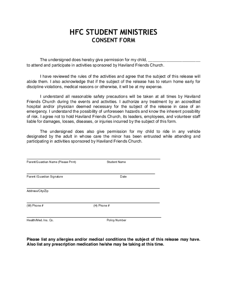 Fillable Online HFC Student Ministries Consent Form Fax Email Print ...