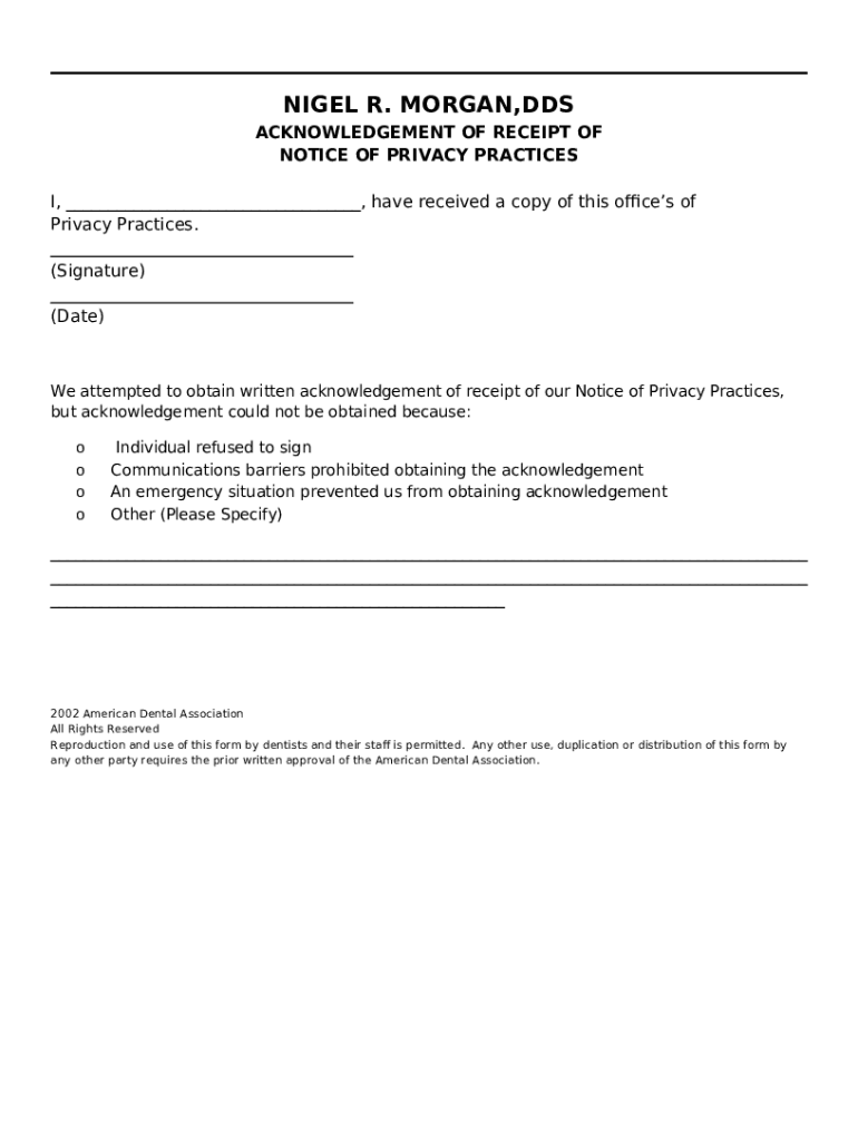 Acknowledgement of Receipt of Notice of Privacy Practices - Blank ...
