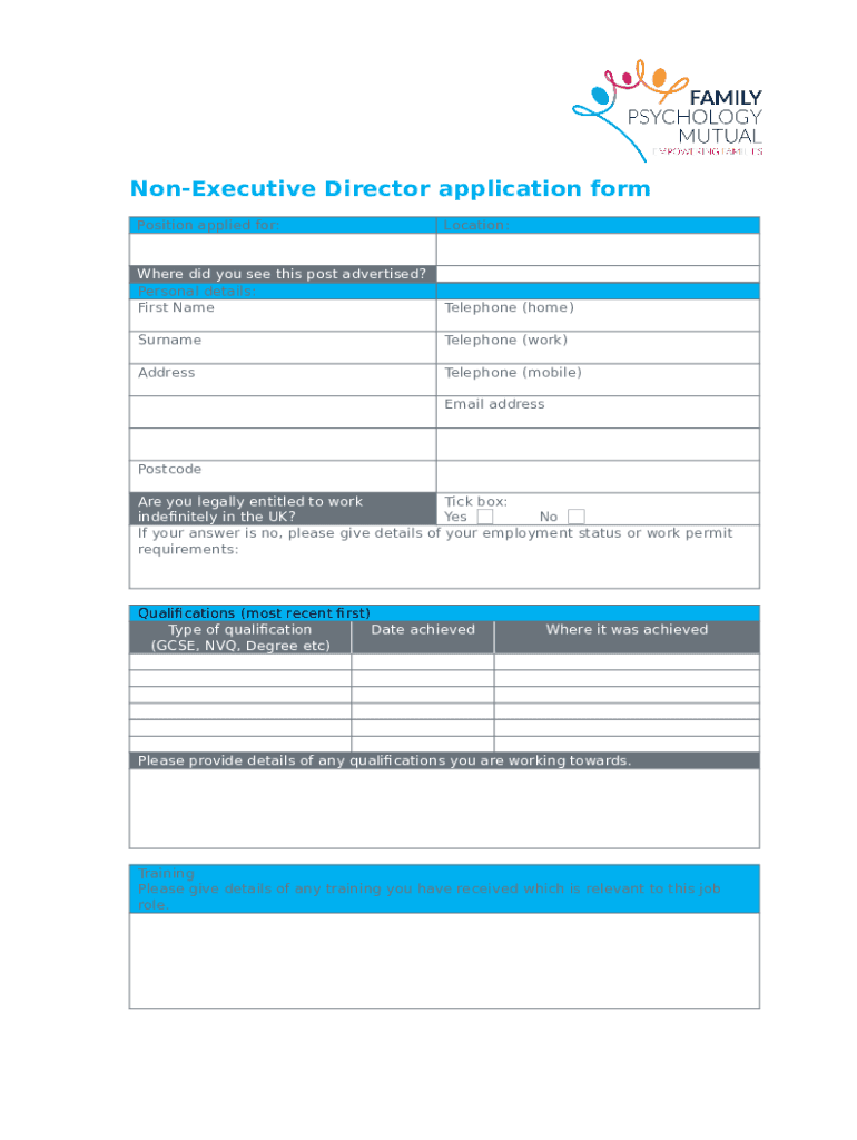 Non-Executive Director application Doc Template | pdfFiller