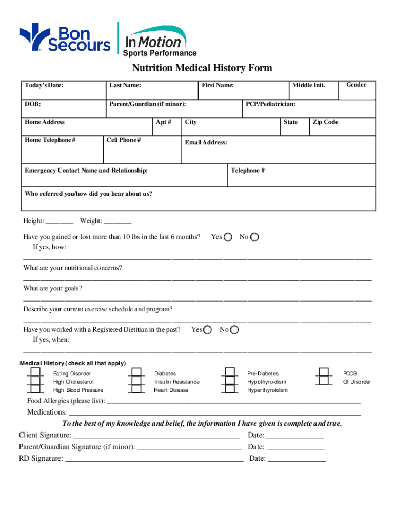 Sports Performance Nutrition Medical History Form - Blank Fillable ...