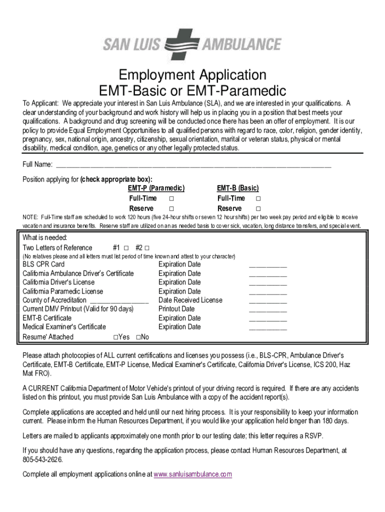 Fillable Online Fillable Online sanluisambulance Employment Application ...