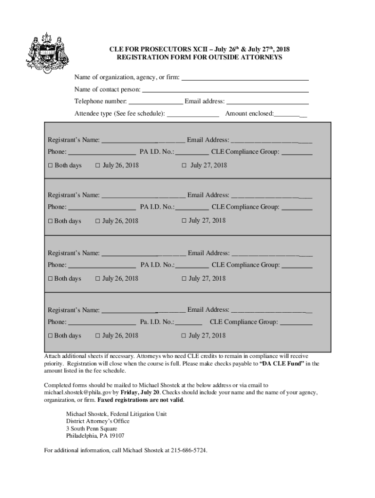 Fillable Online CLE FOR PROSECUTORS XCII July 2 July , 201 REGISTRATION ...