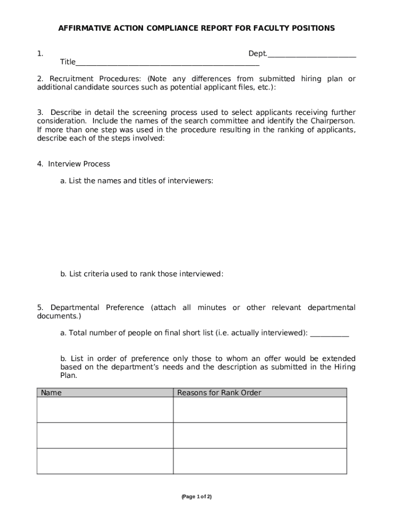 AFFIRMATIVE ACTION COMPLIANCE REPORT FOR FACULTY POSITIONS Doc Template ...