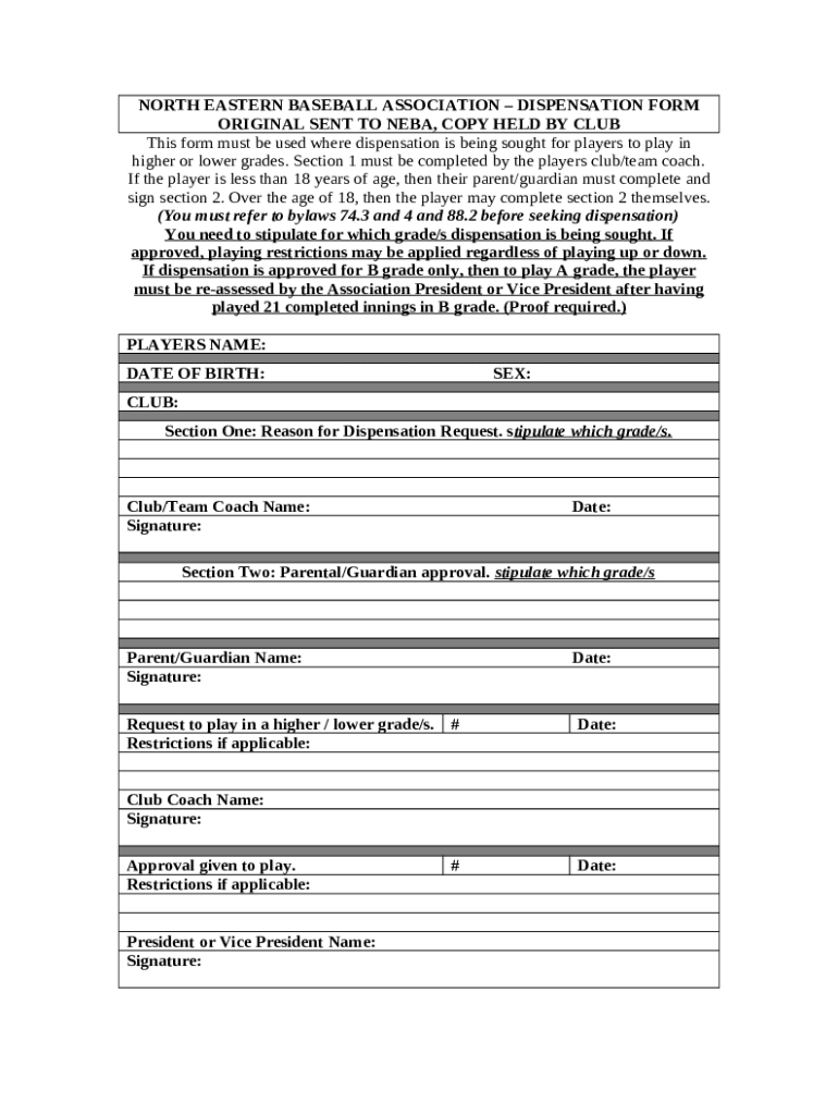 NORTH EASTERN BASEBALL ASSOCIATIONDISPENSATION Doc Template | pdfFiller