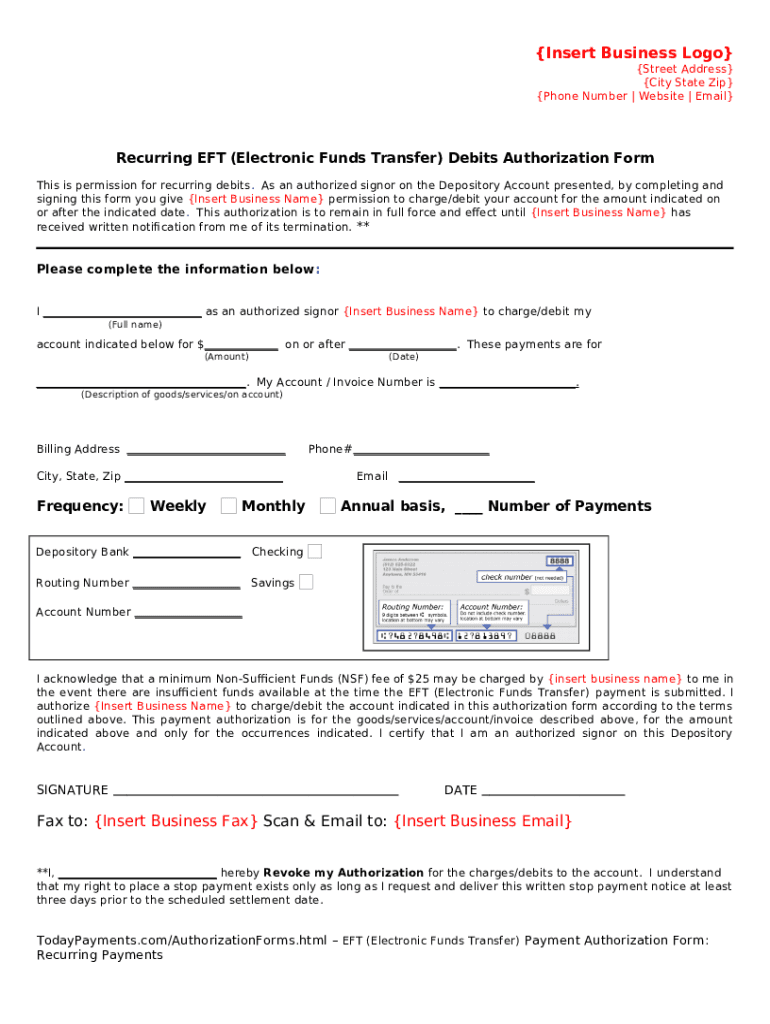 Recurring EFT (Electronic Funds Transfer) Debit Authorization ...
