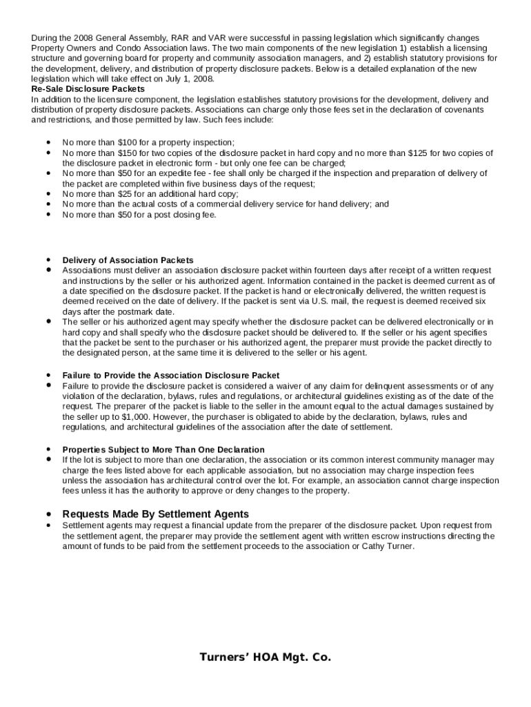 Re-Sale Disclosure Packets Doc TemplatePDFfiller Doc Template | pdfFiller