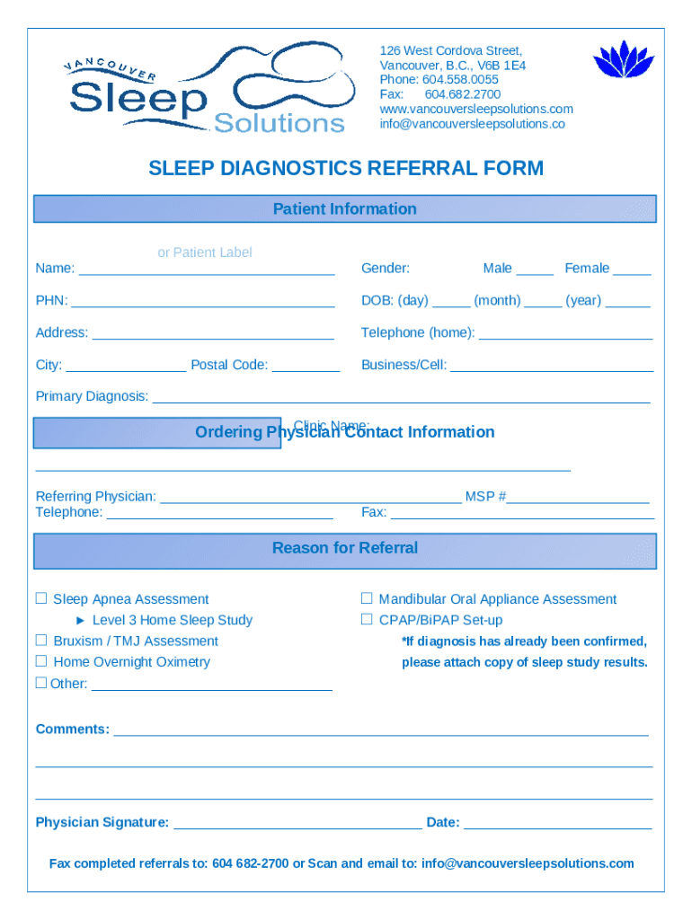 SLEEP DIAGNOSTICS REFERRAL Doc Template | pdfFiller