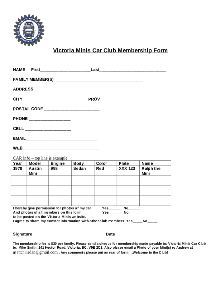 Victoria Minis Car Club Membership Doc Template | pdfFiller