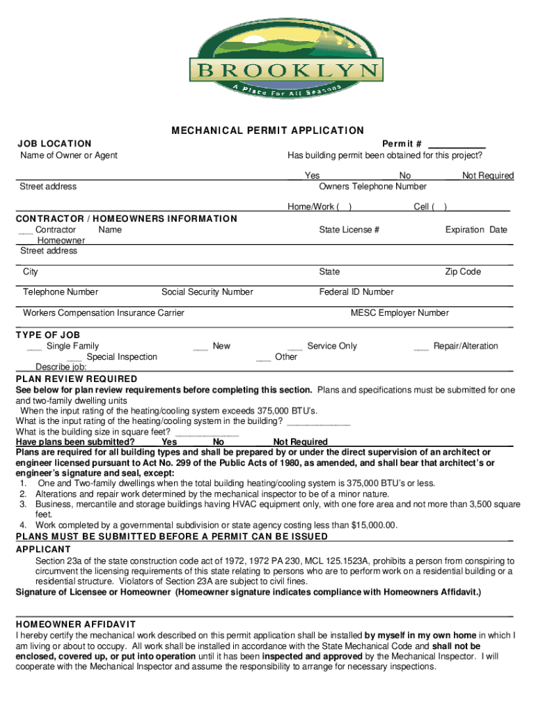 Fillable Online Mechanical Permit Application Permit # 107 S. Capital ...