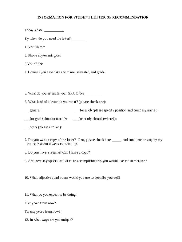 INATION FOR STUDENT LETTER OF RECOMMENDATION Doc Template | pdfFiller