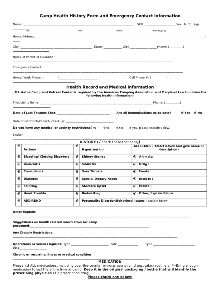 Camp Health History and Emergency Contact Ination Doc Template | pdfFiller