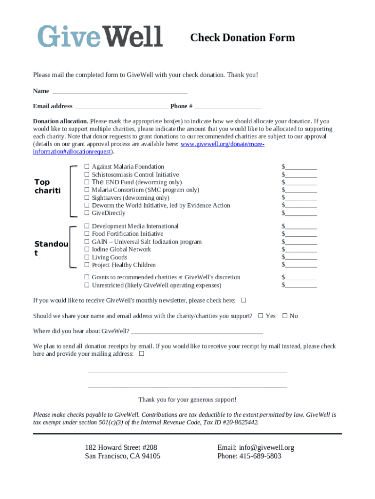 Top Charities Check Donation - GiveWell Doc Template | pdfFiller