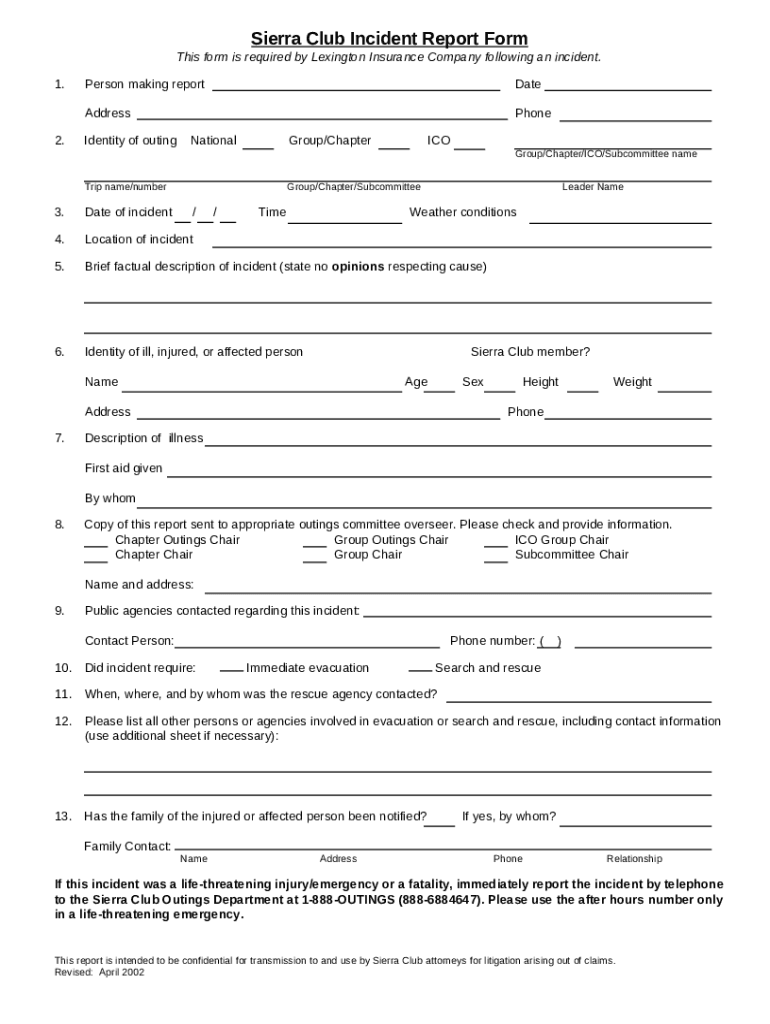 Sierra Club Incident Report Instructions Doc Template | pdfFiller