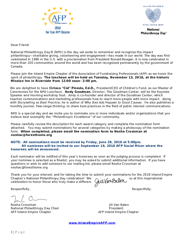 Dear Friend: National Philanthropy Day (NPD) is the day set ... Doc Template | pdfFiller