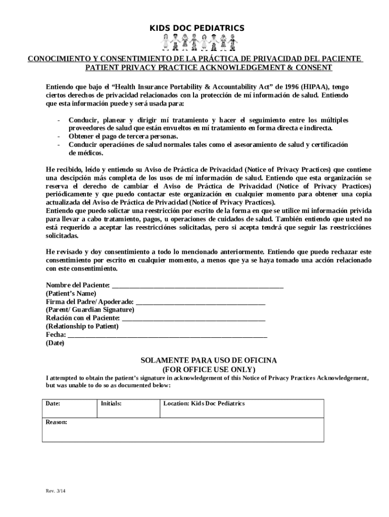 PATIENT PRIVACY PRACTICE ACKNOWLEDGEMENT & CONSENT Doc Template | pdfFiller
