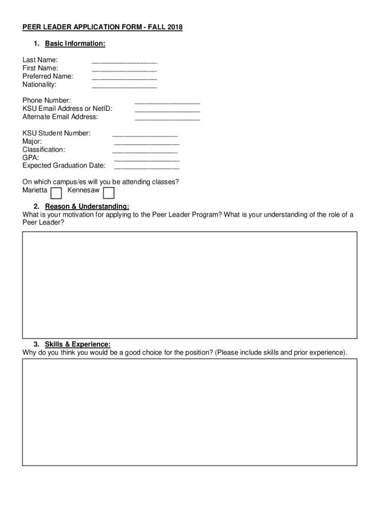 Fillable Online PEER LEADER APPLICATION FORM - FALL 2018 1. Basic ...