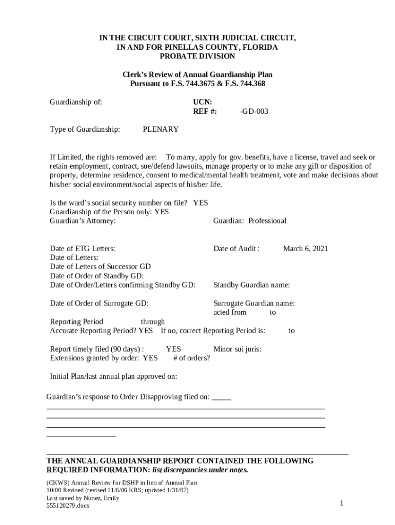 Clerks Review of Annual Guardianship Plan Doc TemplatePDFfiller Doc ...