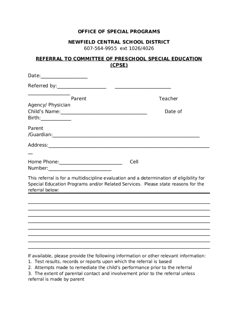 REFERRAL TO COMMITTEE OF PRESCHOOL SPECIAL EDUCATION (CPSE) Doc ...