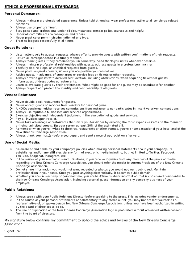 Code of EthicsChicago Hotel Concierge Association Doc Template | pdfFiller
