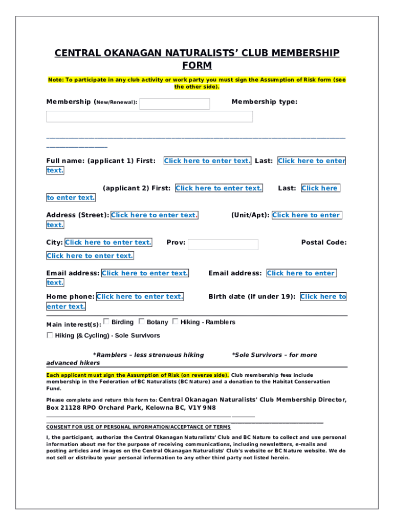 CENTRAL OKANAGAN NATURALISTS' CLUB MEMBERSHIP Doc Template | pdfFiller