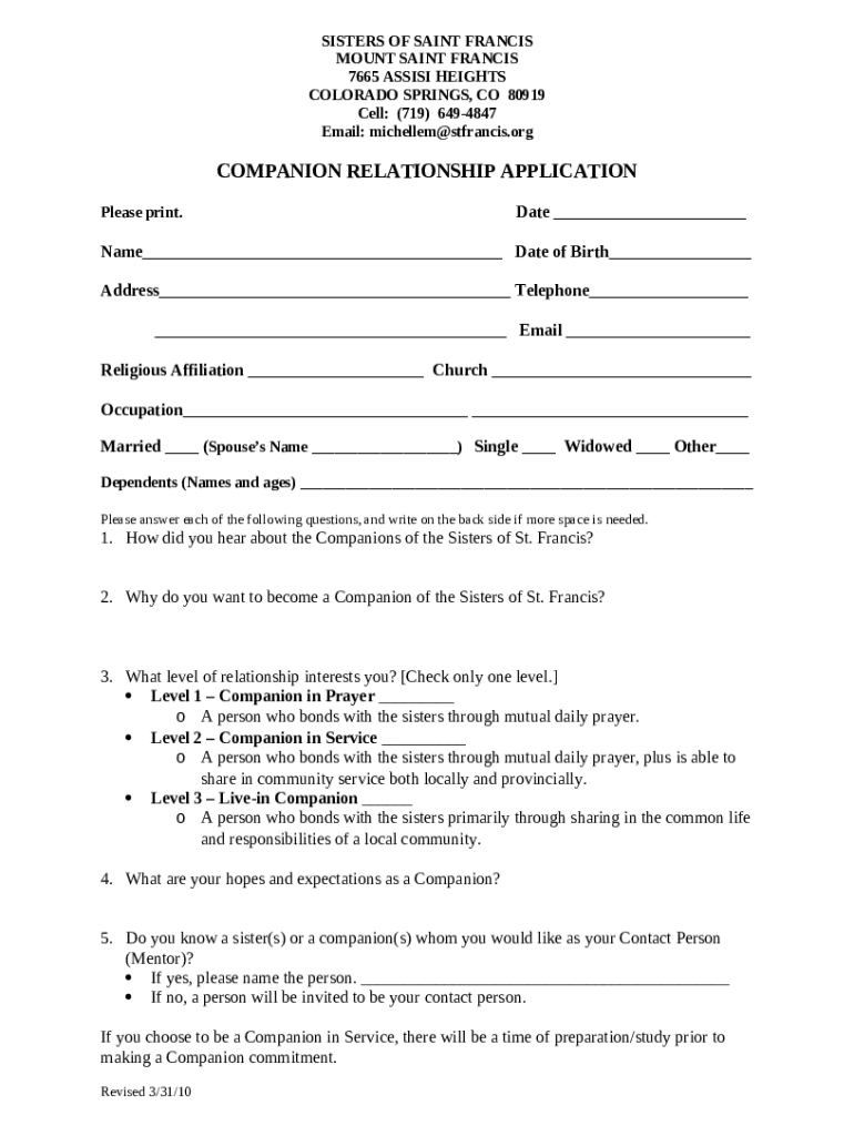 COMPANION RELATIONSHIP APPLICATION Doc Template | pdfFiller