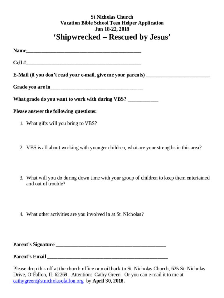 Vacation Bible School Application Doc Template | pdfFiller