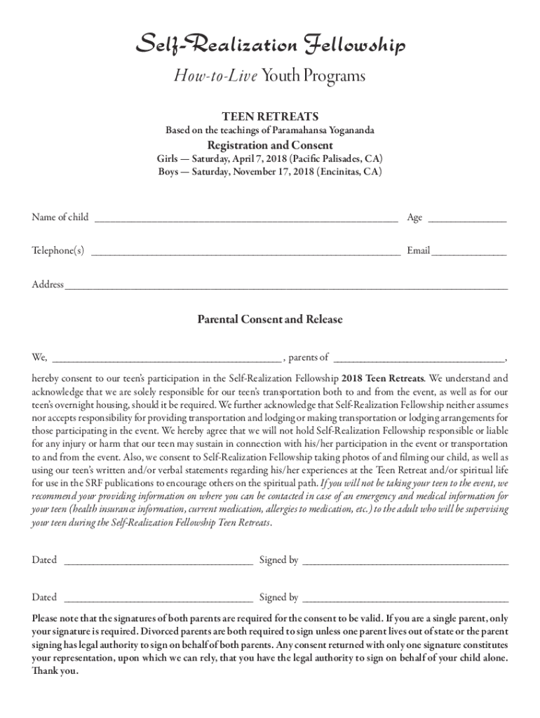 Fillable Online Registration and consent form - Self-Realization ...