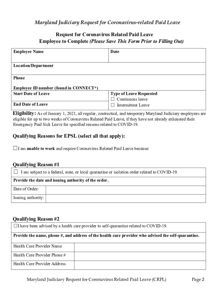 Fillable Online Coronavirus Related Paid Leave Form - Maryland Judiciary Fax Email Print - pdfFiller