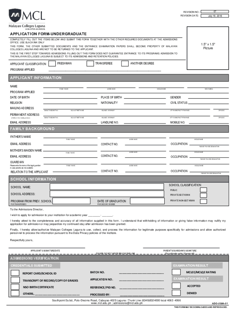 Fillable Online fs mcl edu APPLICATION FORM - UNDERGRADUATE - Malayan ...
