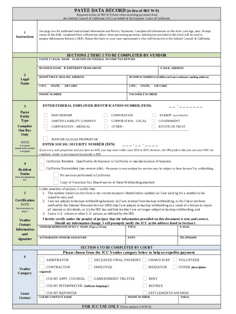 PAYEE DATA RECORD (Required in lieu of IRS W-9) Doc Template | pdfFiller