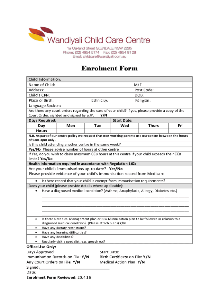 Fillable Online CHILD S FACE SHEET/ENROLLMENT FORM INFANT/TODDLER - PDF ...