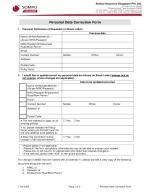 Fillable Online Personal Data Correction Form - sompo.com.sg Fax Email ...
