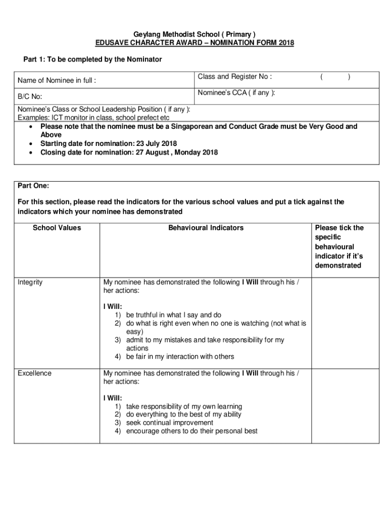 Fillable Online geylangmethodistpri moe edu merit award comments ...